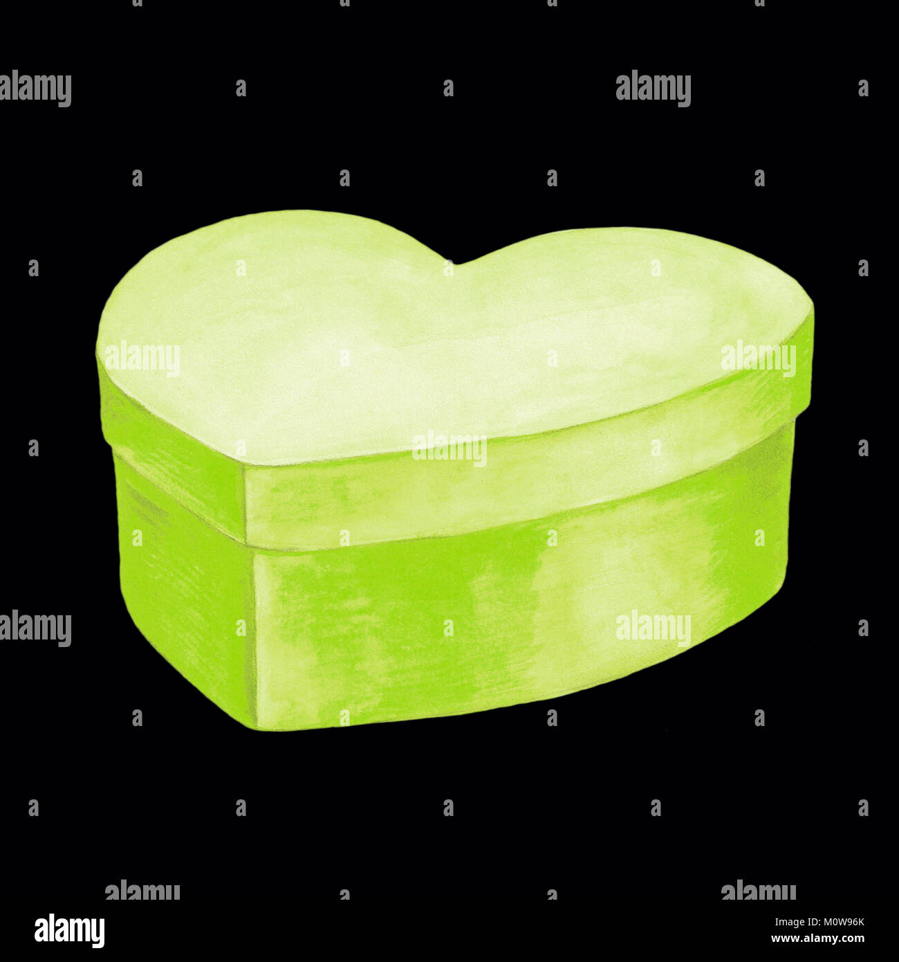 Watercolor illustration of a light green cardboard box in the shape of ...