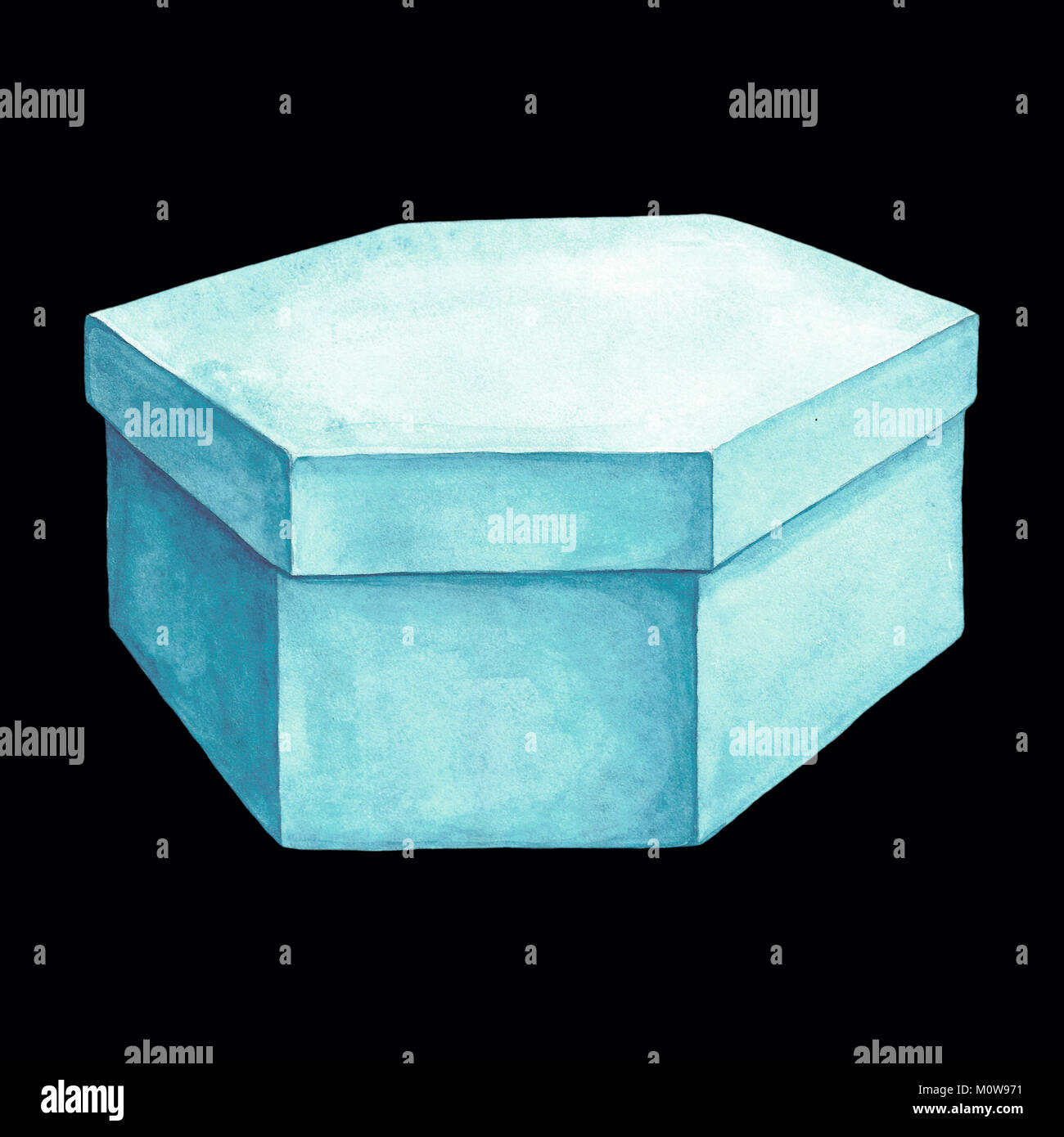 Watercolor illustration of a light blue cardboard box with six facets ...
