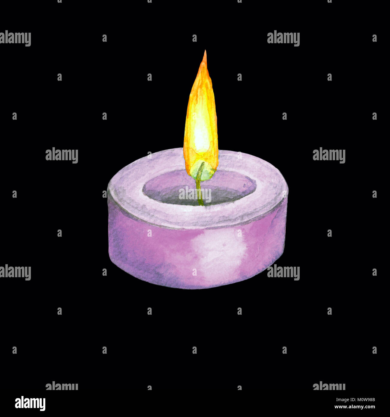 Watercolor illustration of a lighted candle in pink. Isolated image of ...