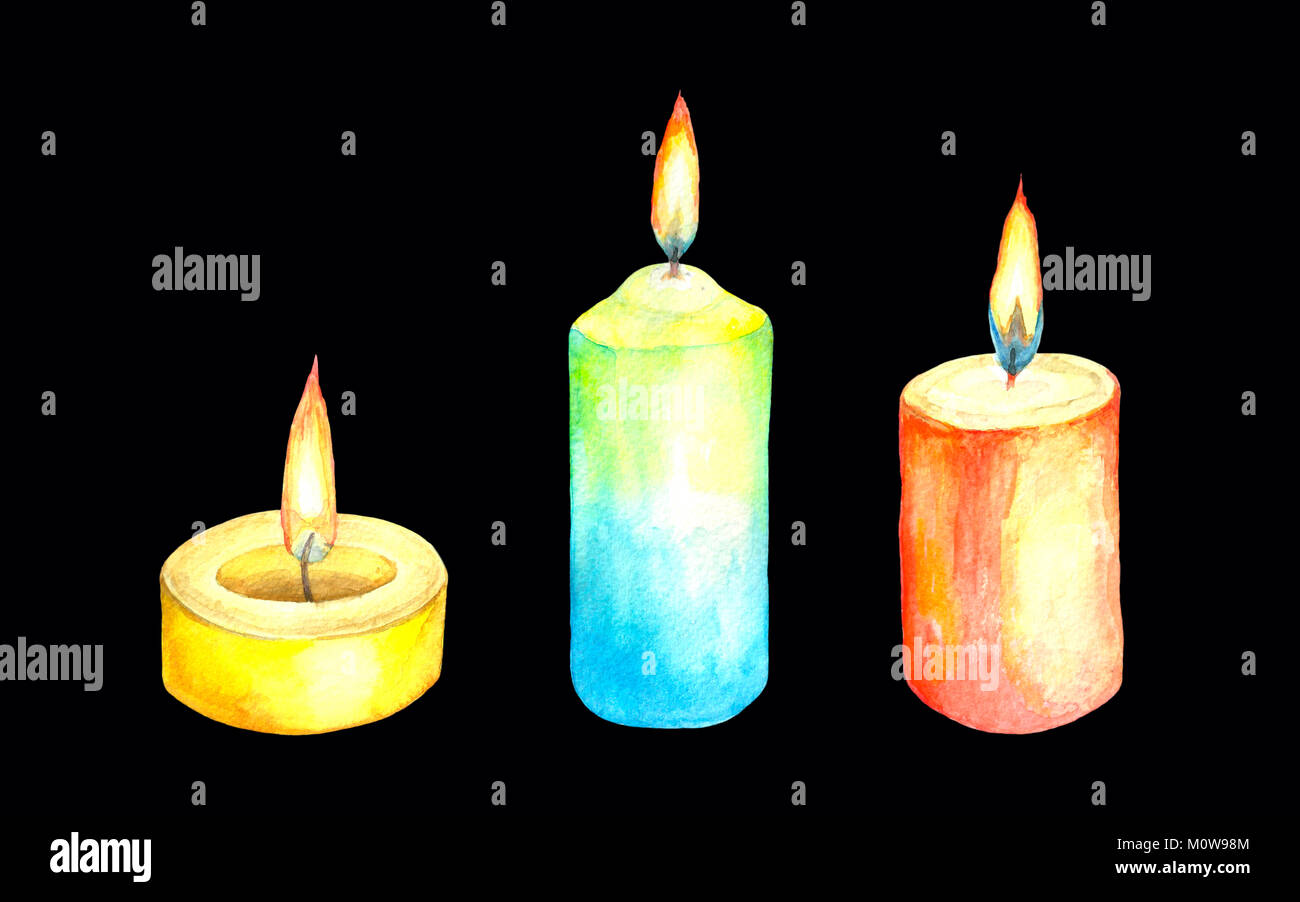 Watercolor collection of illustrations of a lighted candle. Set of ...