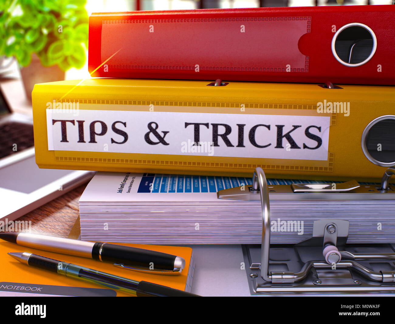 Tips and Tricks on Yellow Ring Binder. Blurred, Toned 3D Image Stock ...