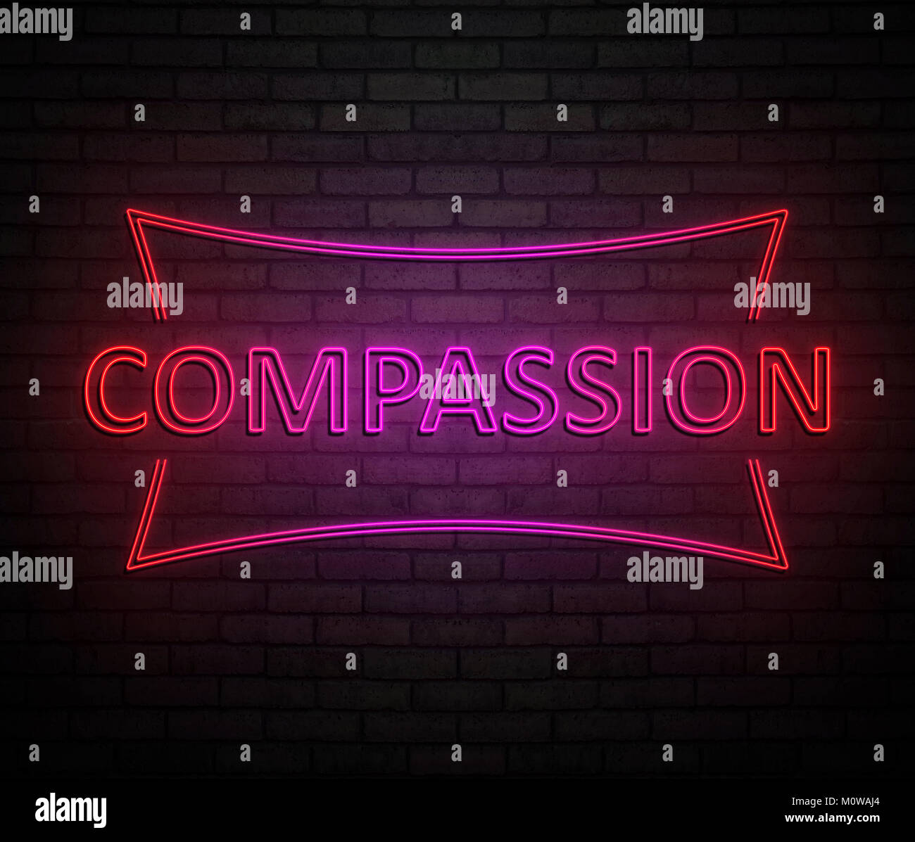 3d Illustration depicting an illuminated neon sign with a compassion ...