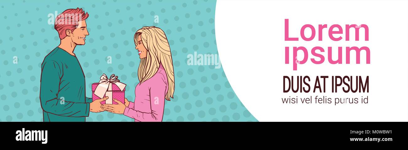 Young Man Give Gift Box To Woman Holiday Present Comic Retro Background ...