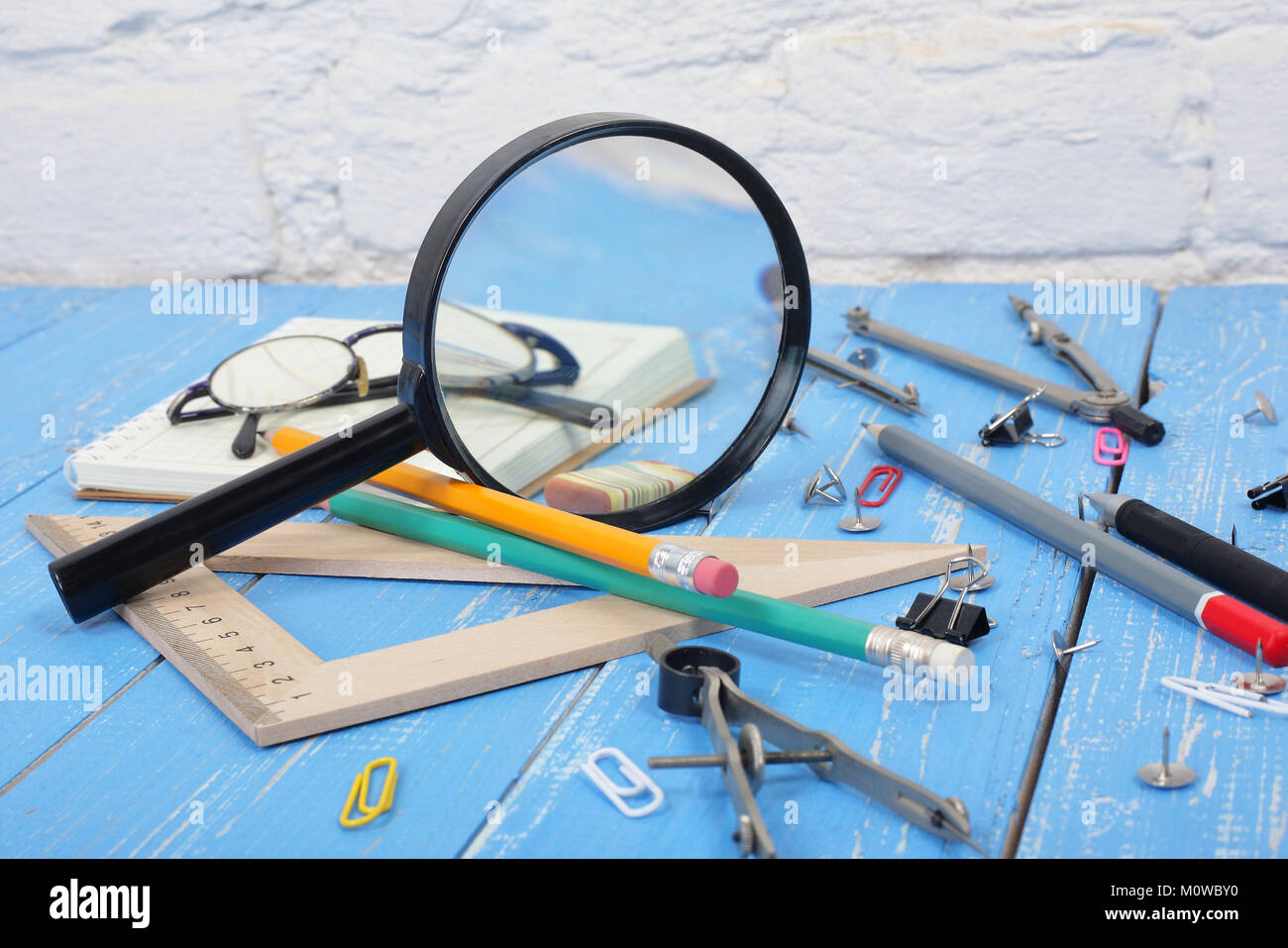 Science and education - Desktop of the scientist objects wood and map ...