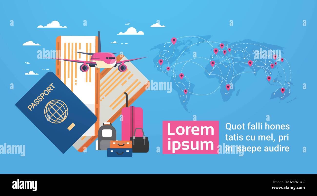 Plane, Boarding Passport And Tickets With Baggage Over World Map ...