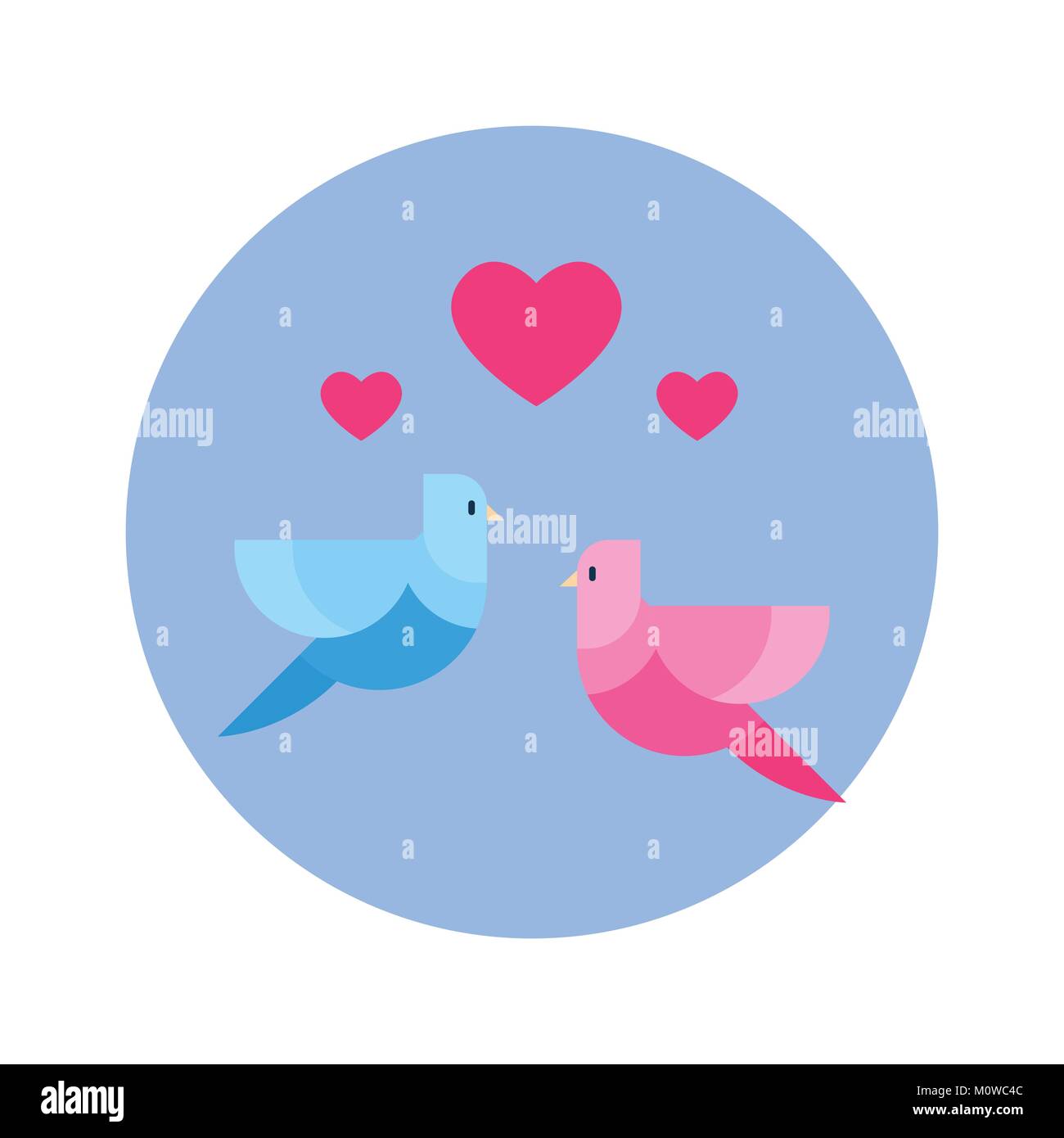 Couple Of Birds With Heart Shape Icon On Blue Round Background Isolated ...