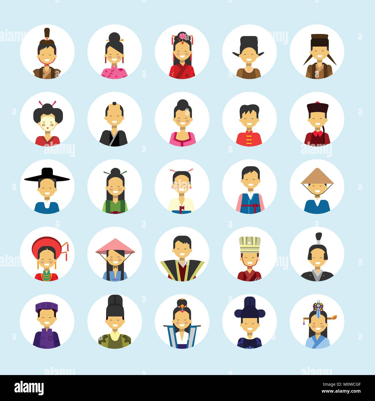 Asian Man And Woman Avatar Set Icon Female Male In Traditional Costume ...