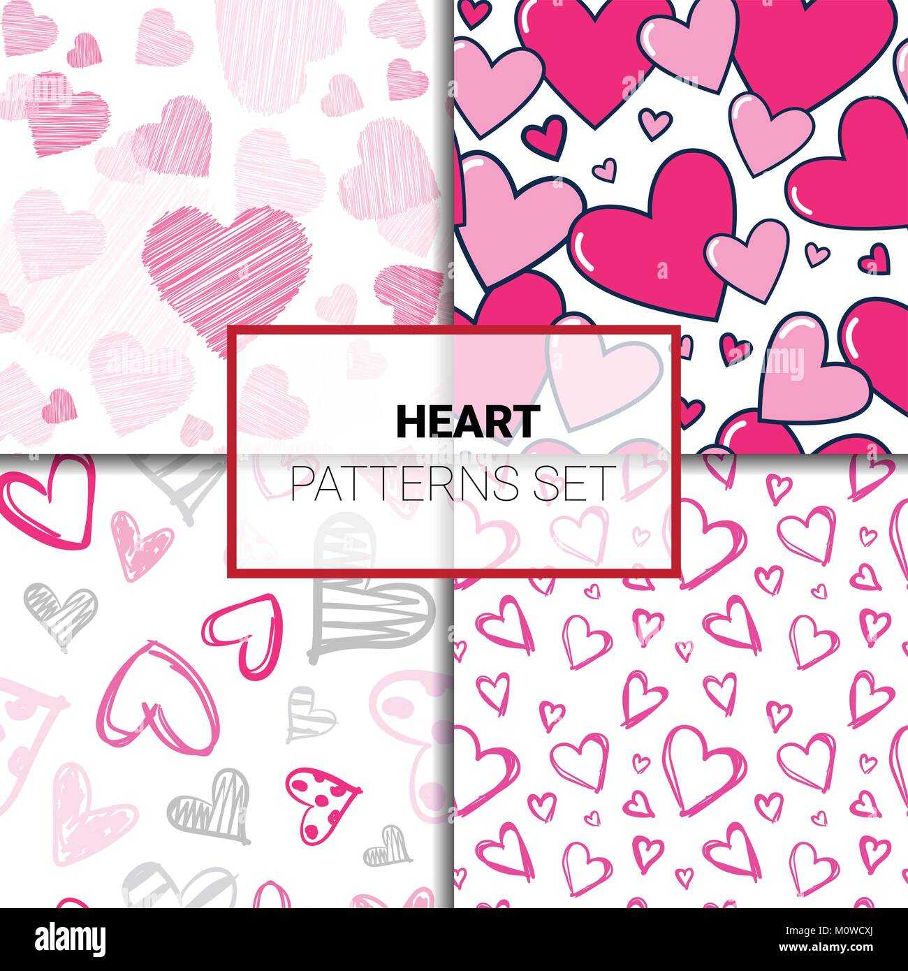 Set Of Patterns With Colorful Hearts Doodle Seamless Valentines Day ...