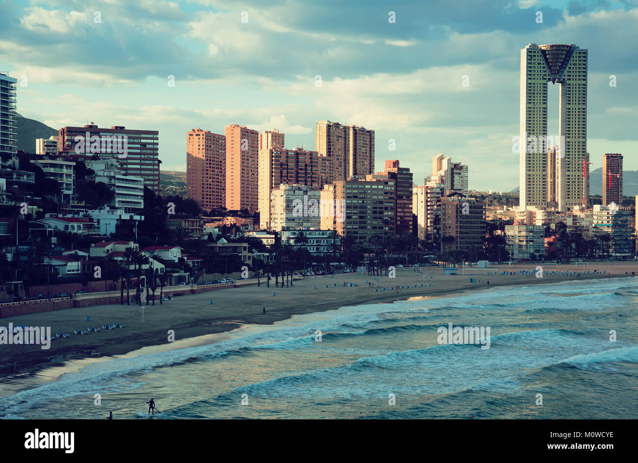sunny panoramic view on Benidorm city with seafront and modern ...