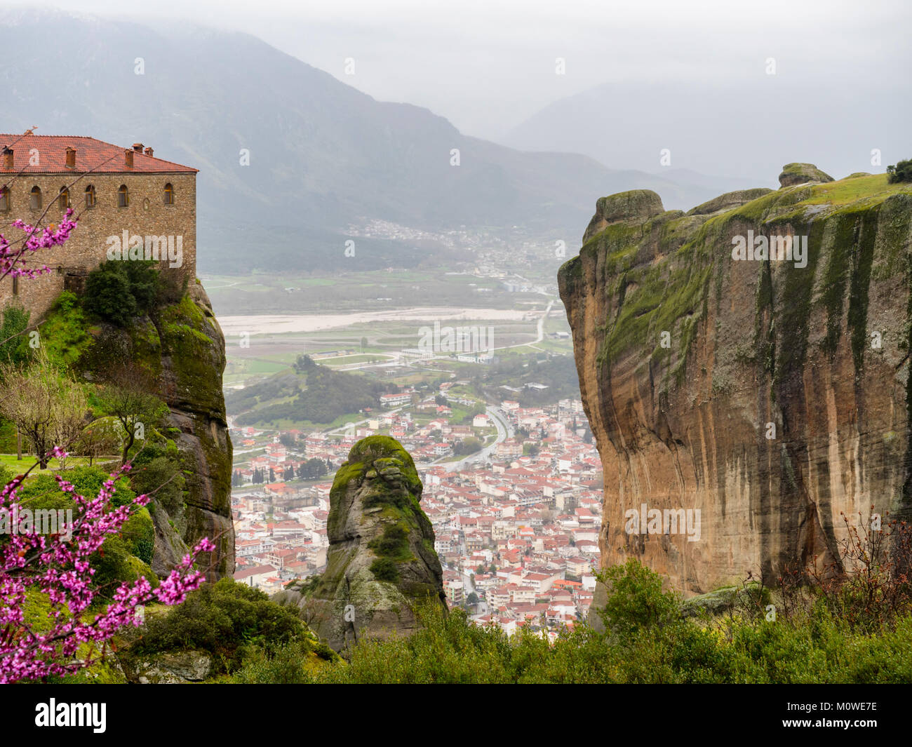 landscape of meteora with monastery on top of the mountain in north ...