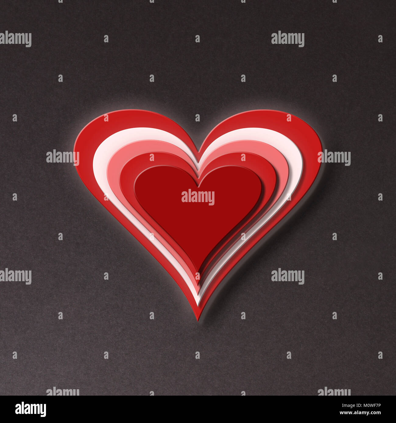 Romantic illustration square card with five red hearts overlapping on ...