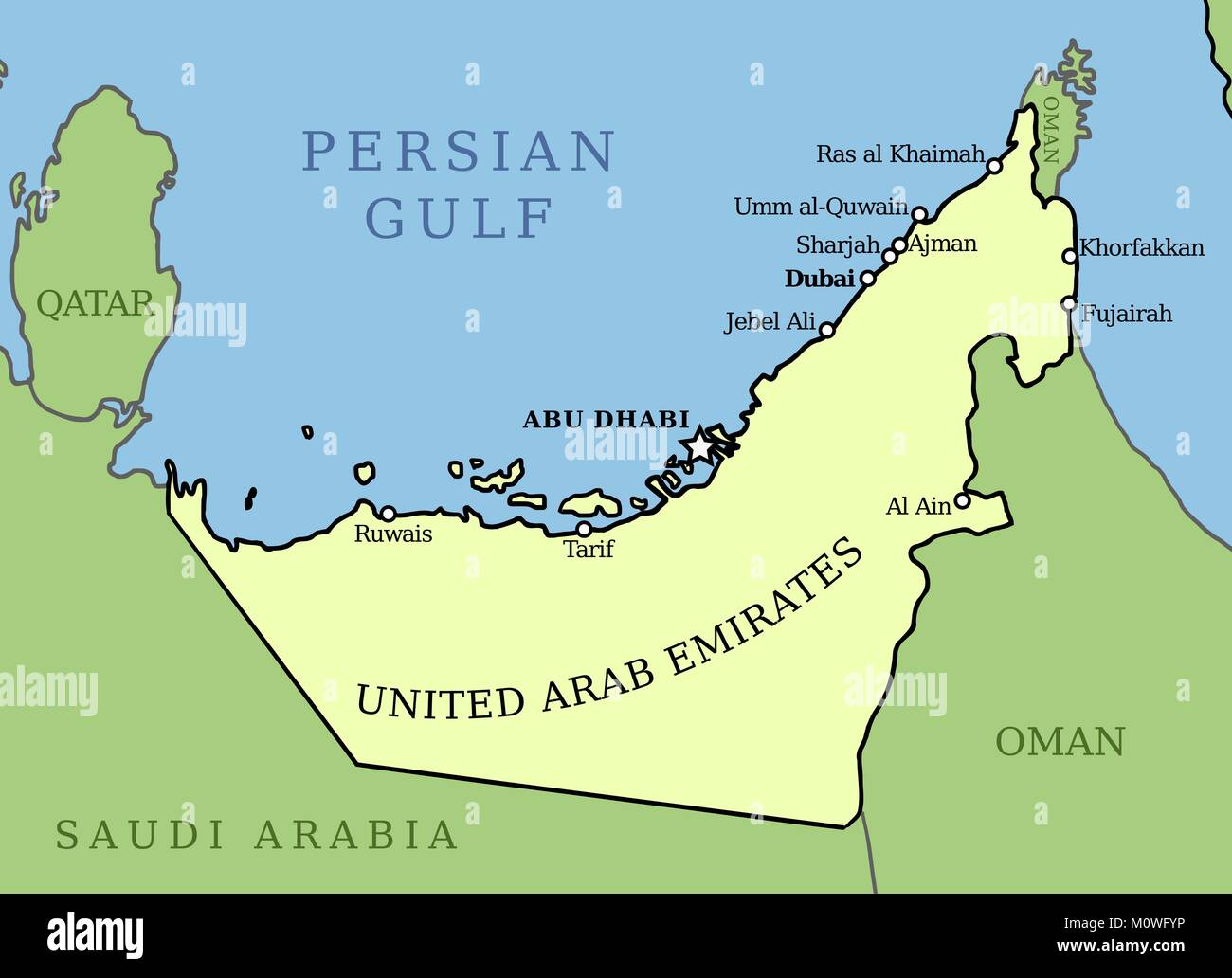 United Arab Emirates map. Outline graphics country map with main cities ...