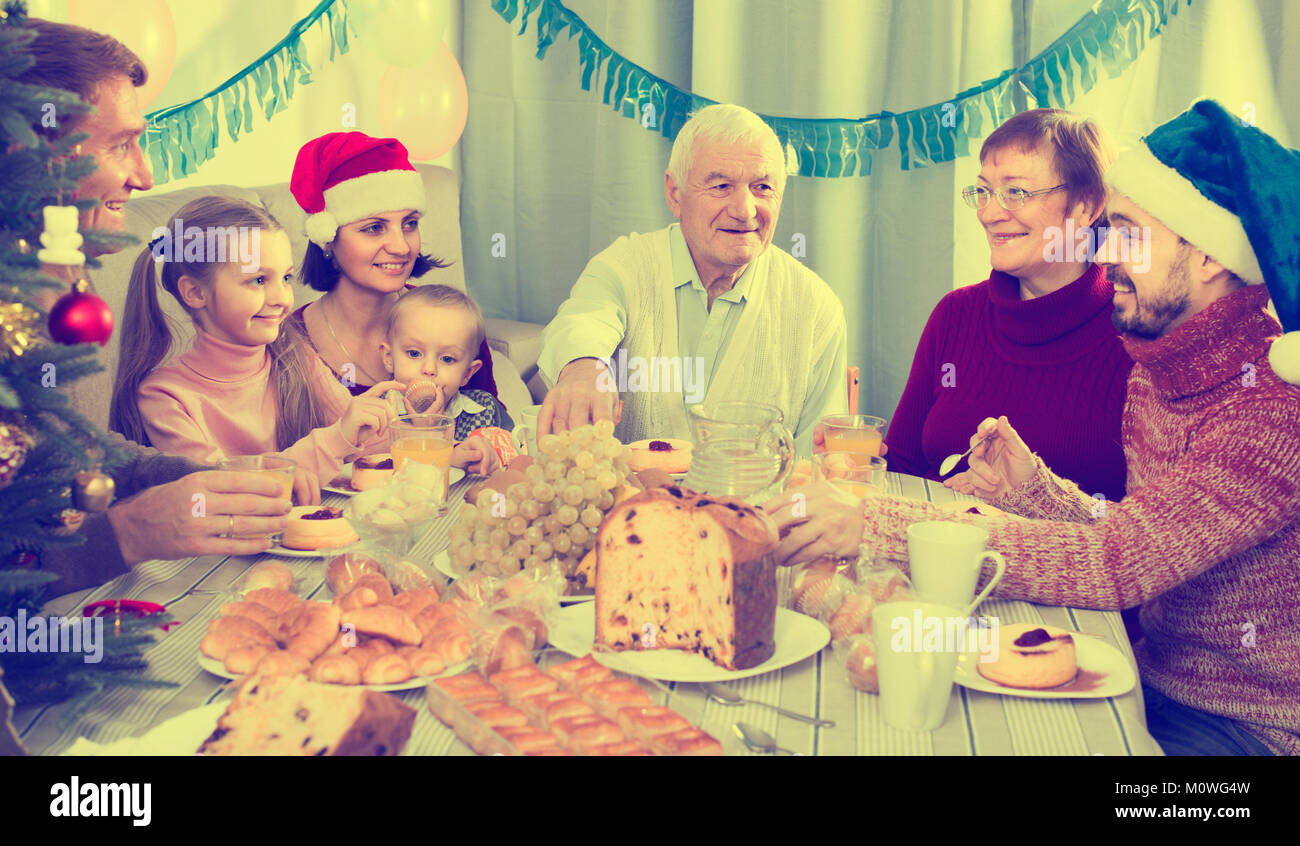 Large happy european family talking animatedly during Christmas dinner ...