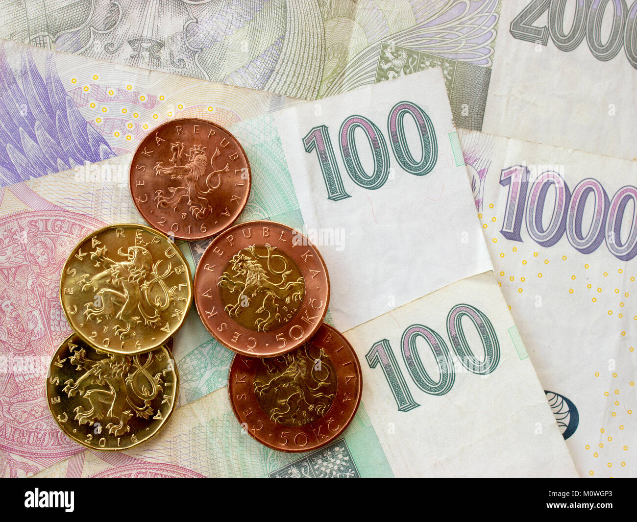 Czech coins on the various Czech banknotes money like background Stock ...
