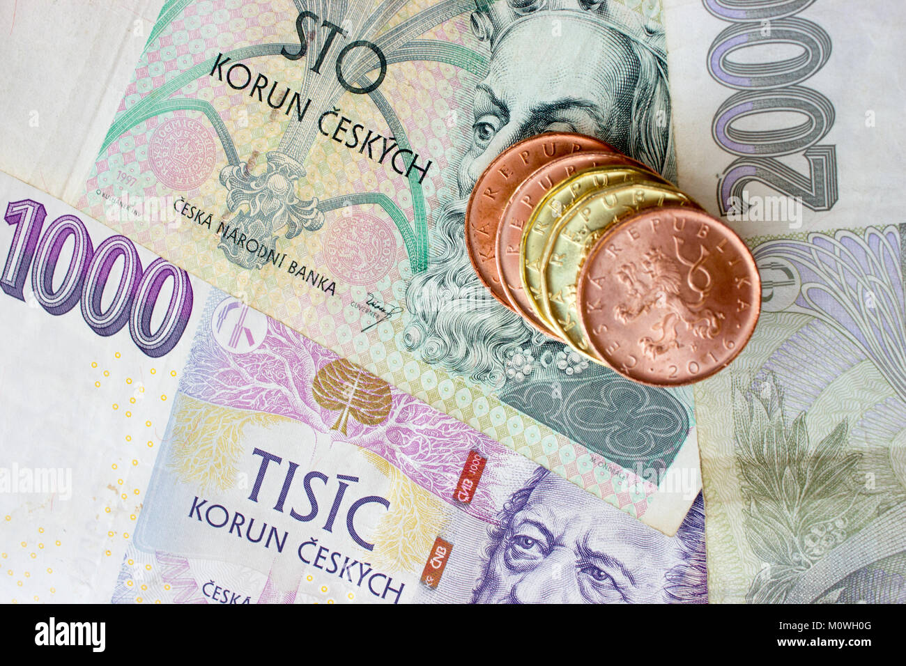 Czech coins on the various Czech banknotes money like background Stock ...