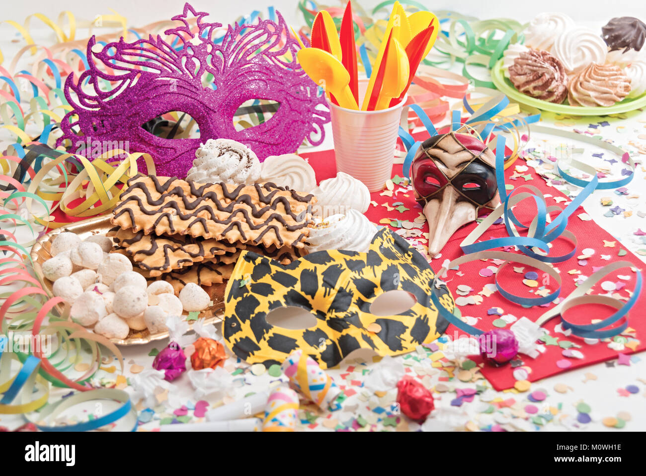 carnival pancakes with mask and confetti from above horizontal Stock ...