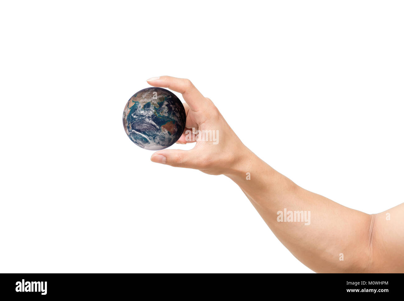 man hand catching the earth on white background, include clipping path ...