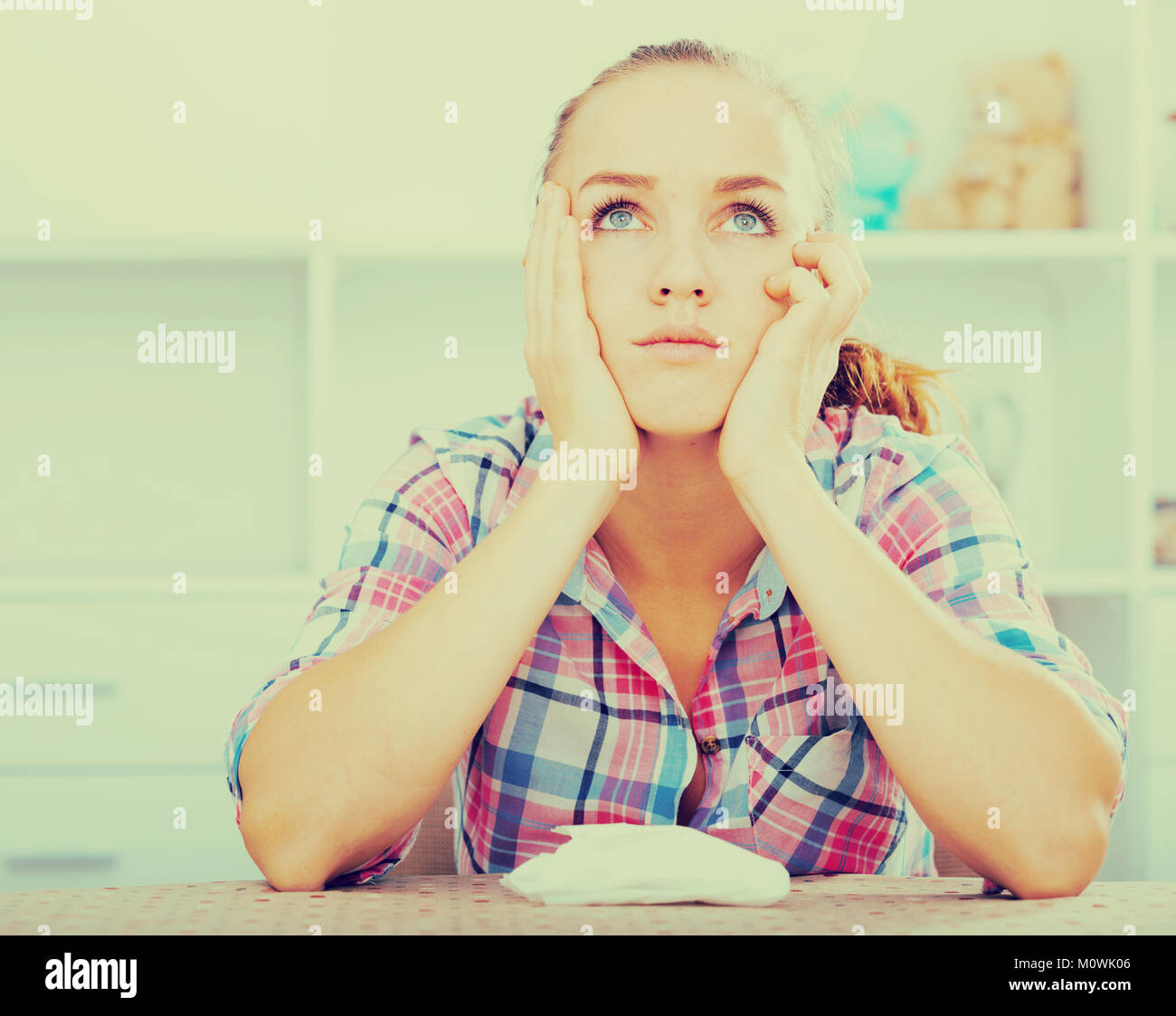 sad girl with chestnut hair and handkerchief crying Stock Photo - Alamy