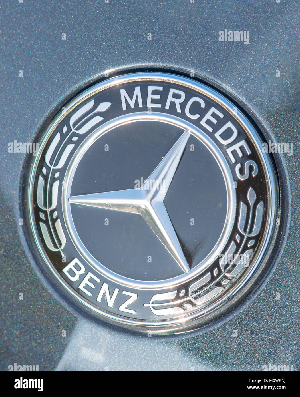GALATI, ROMANIA SEPTEMBER, 2017: Mercedes Benz logo close up on a car grill. Mercedes-Benz is a ...