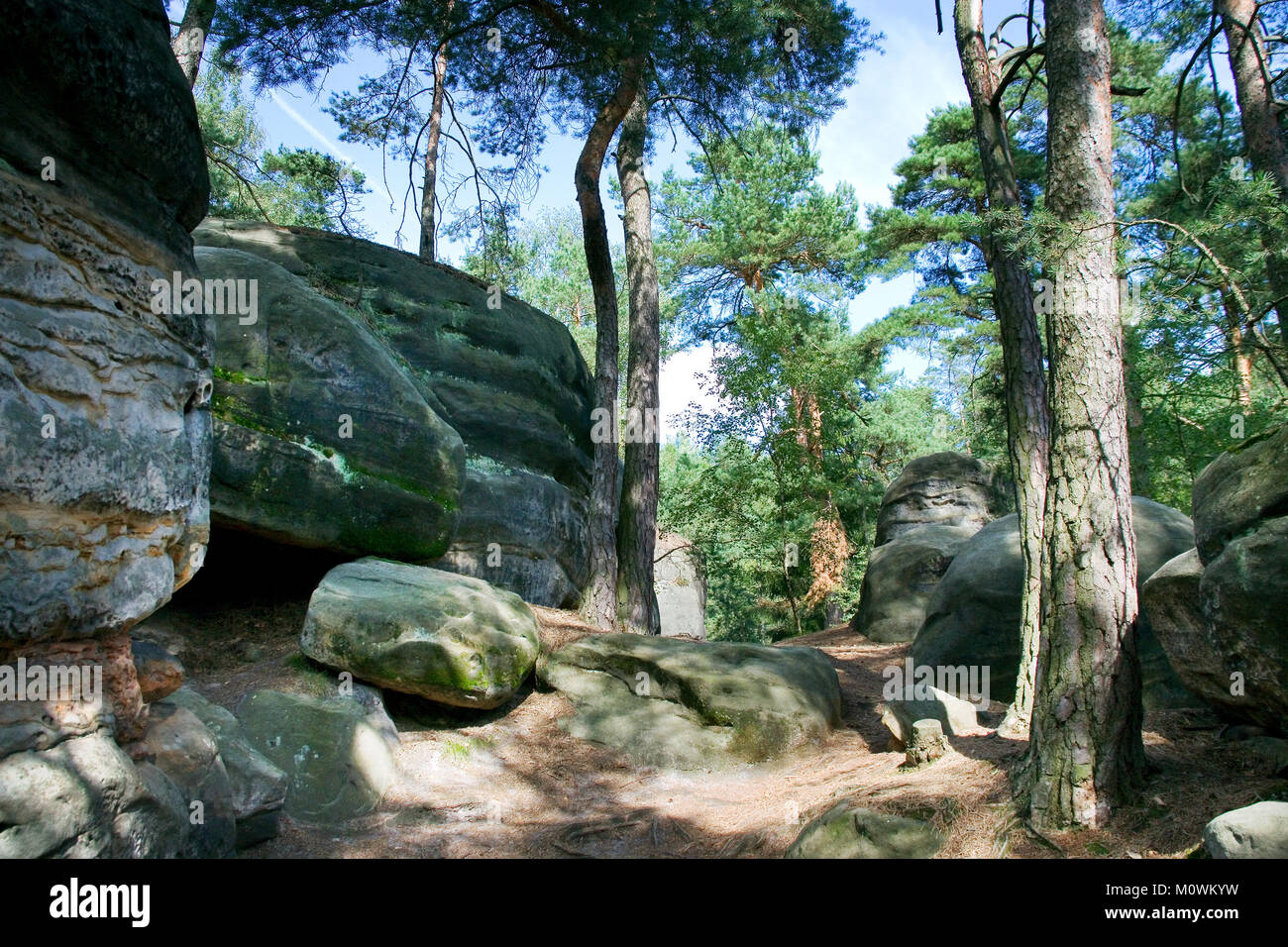 rocky town Chleviste in forest, Sokol (Falcon) peak, Bohemian Paradise ...