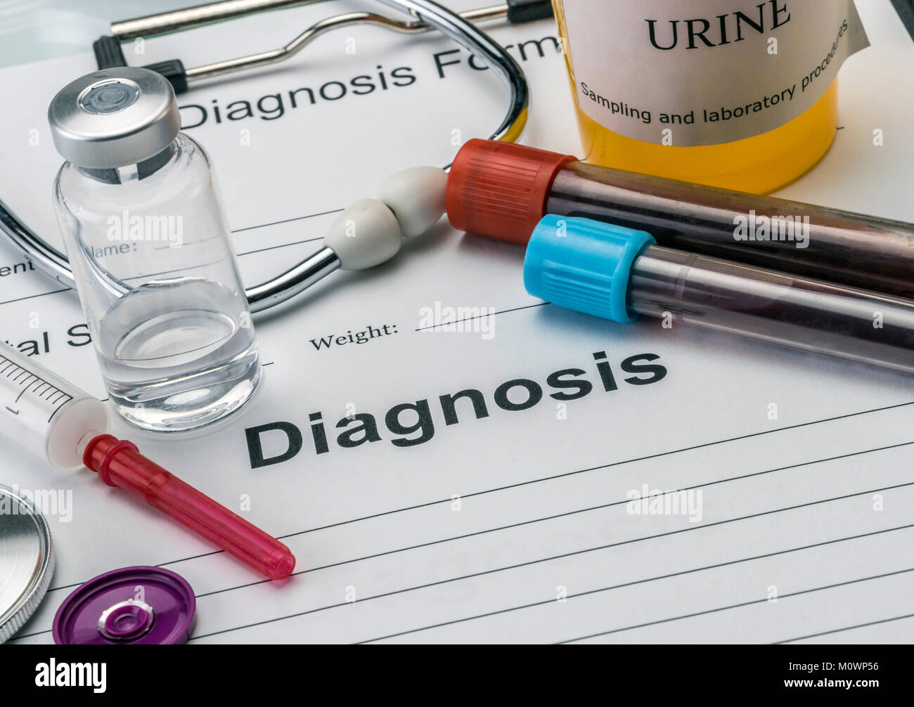 Diagnostic form, Vial of blood samples and Medicine in a hospital ...