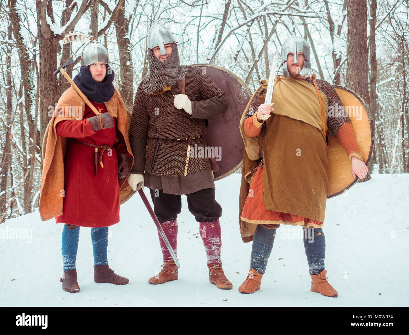 Group of armed medieval warriors with shields, swords, spears in the ...
