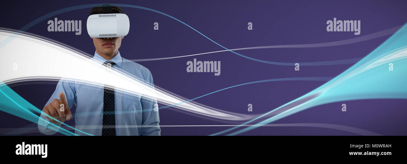 Composite image of businessman using invisible interface while wearing ...