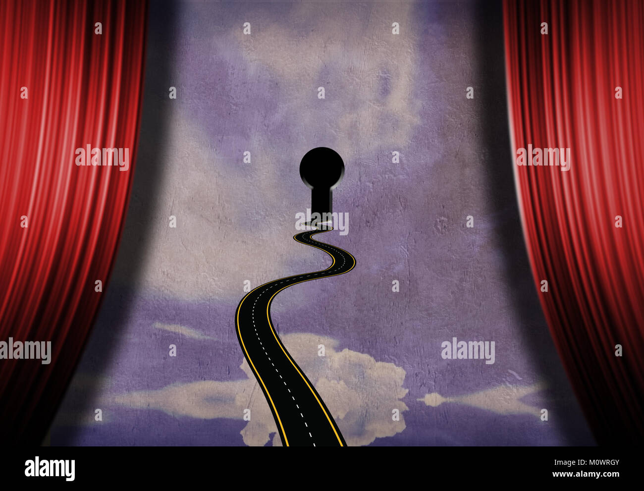 Symbolic composition. Road to keyhole on a stage with red curtains. 3D ...