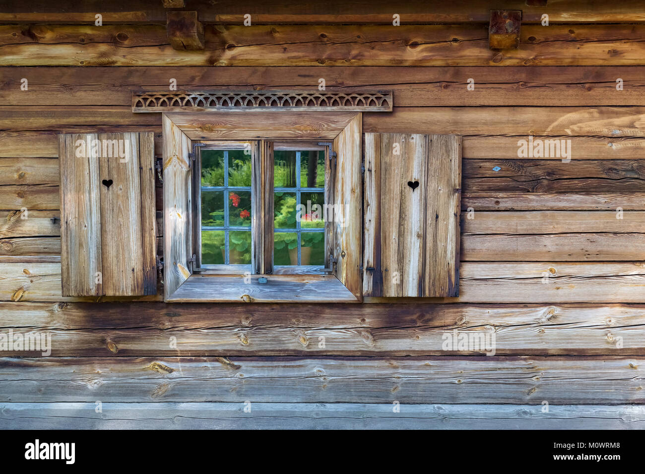 The old window of old wooden house. Background of wooden walls Stock ...