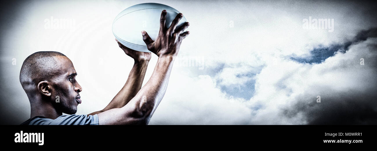 Composite image of athlete in position of throwing rugby ball Stock ...