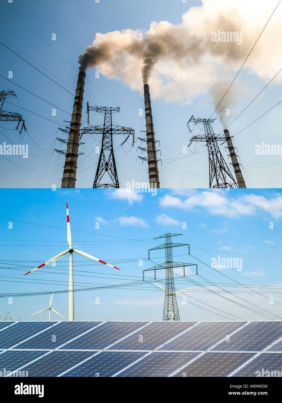 Clean vs dirty energy. Solar panels and wind turbines against fuel coal ...