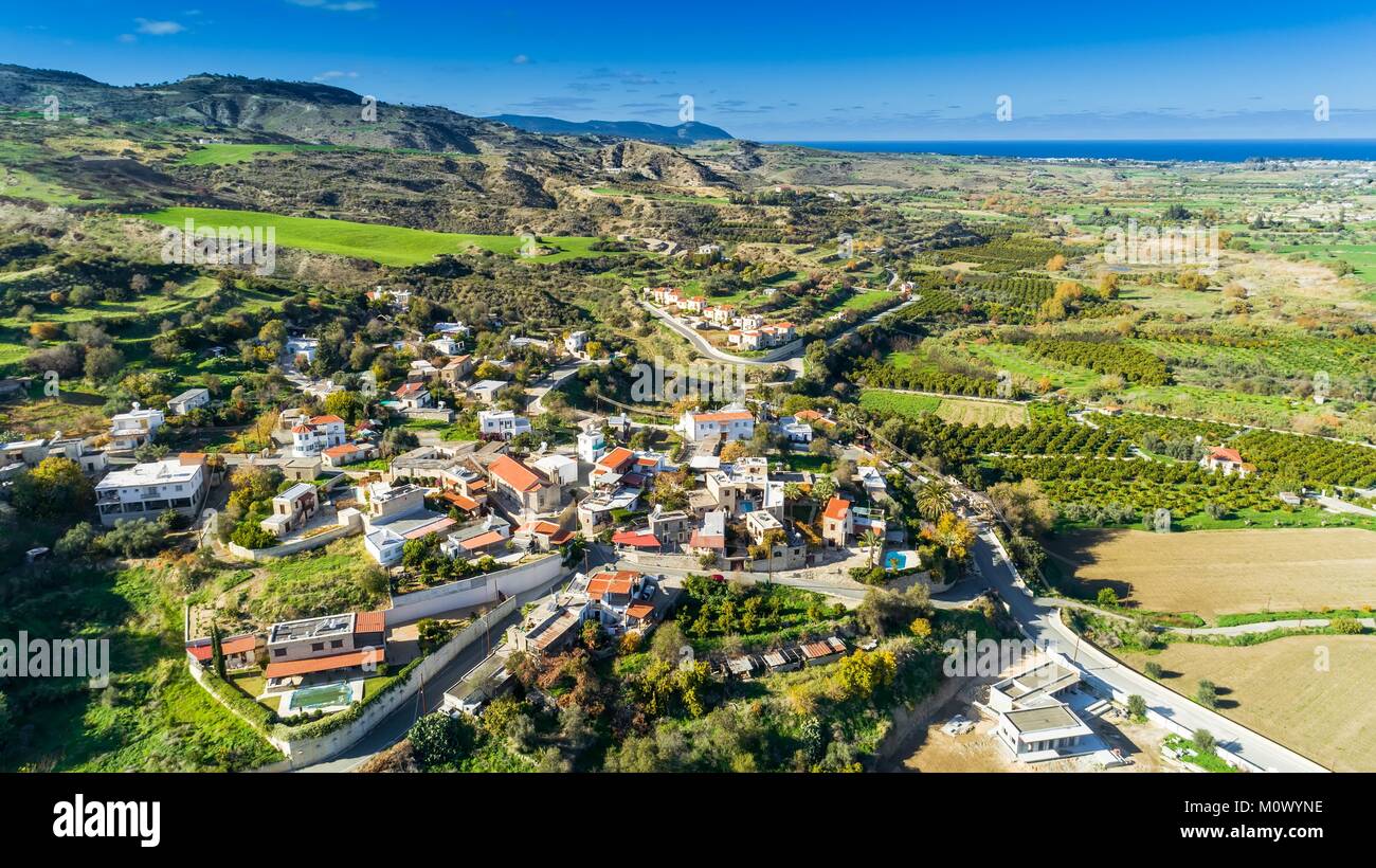 Aerial bird eye view of Goudi village in Polis Chrysochous valley ...