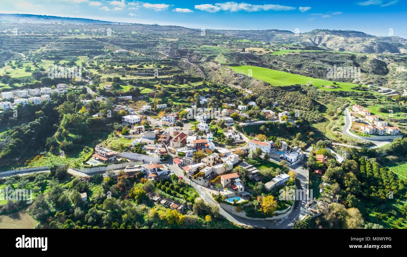 Aerial bird eye view of Goudi village in Polis Chrysochous valley ...