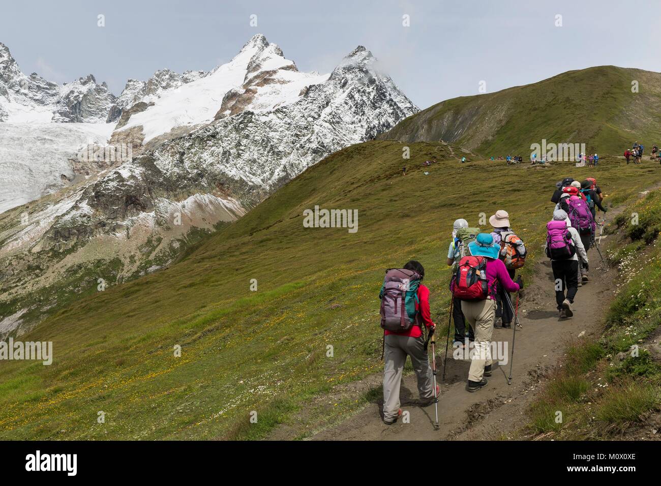Italy,Valle d'Aosta,Courmayeur,Ferret valley,hikers at Grand Col Ferret ...