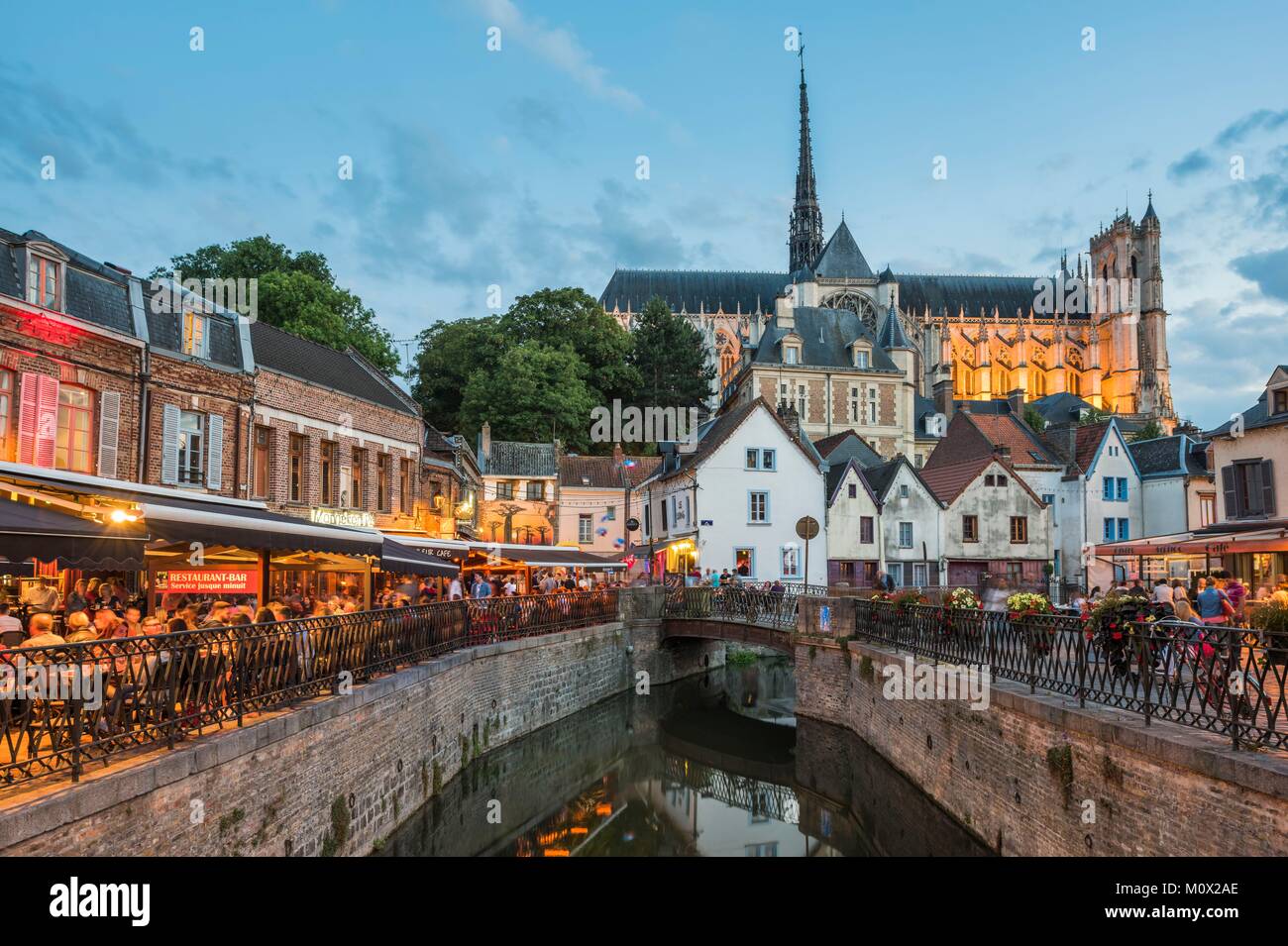 France,Somme,Amiens,place du Don,Notre-Dame cathedral at dusk,jewel of ...