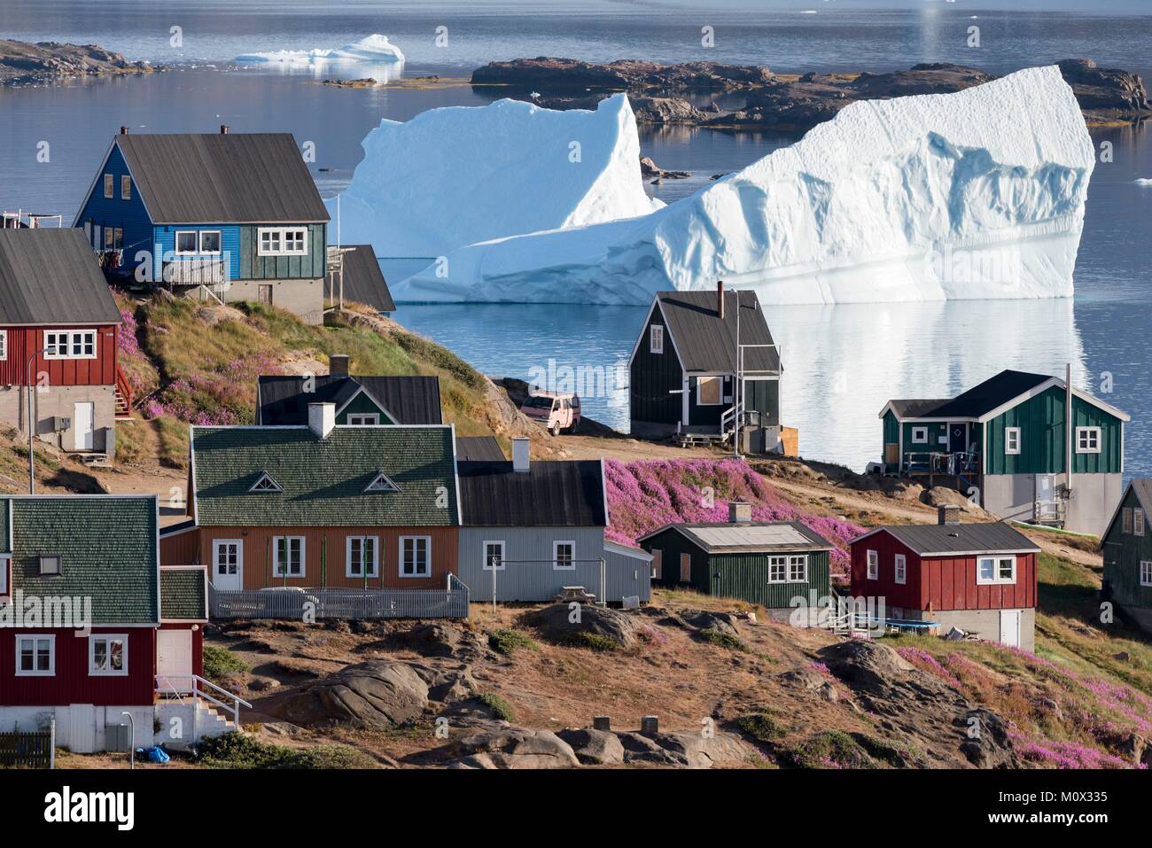 Greenland,Sermersooq,Tasiilaq,view of the town with icebergs Stock ...