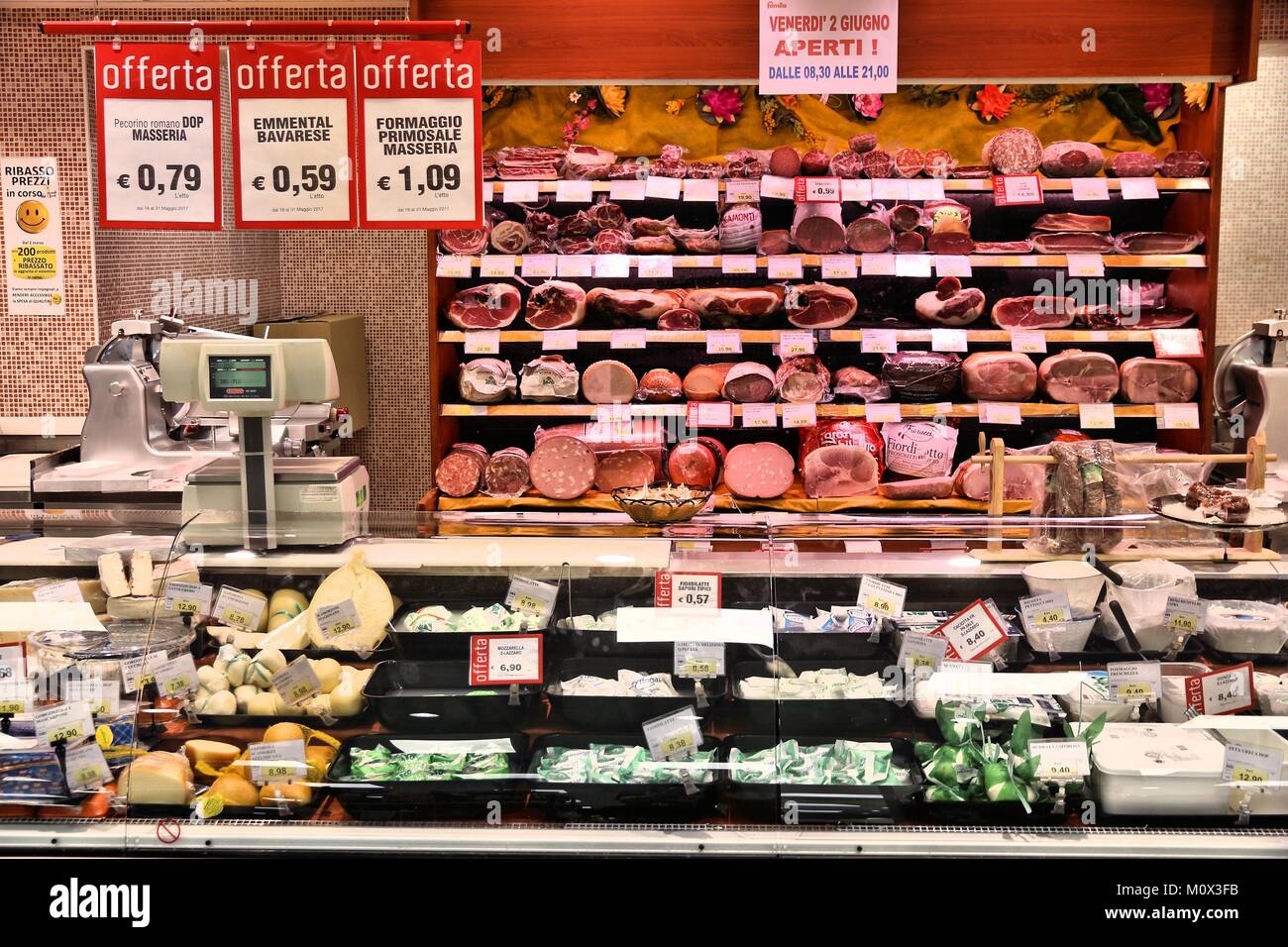 APULIA, ITALY - MAY 31, 2017: Butcher shop in Apulia region of Italy ...