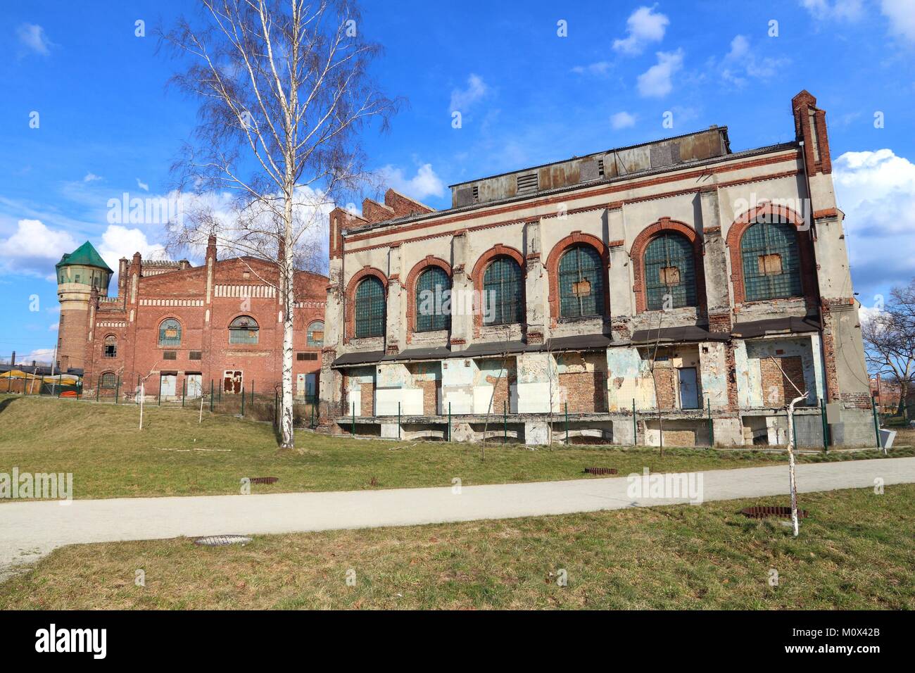 Katowice, Poland - old industrial factory brick architecture. Upper ...