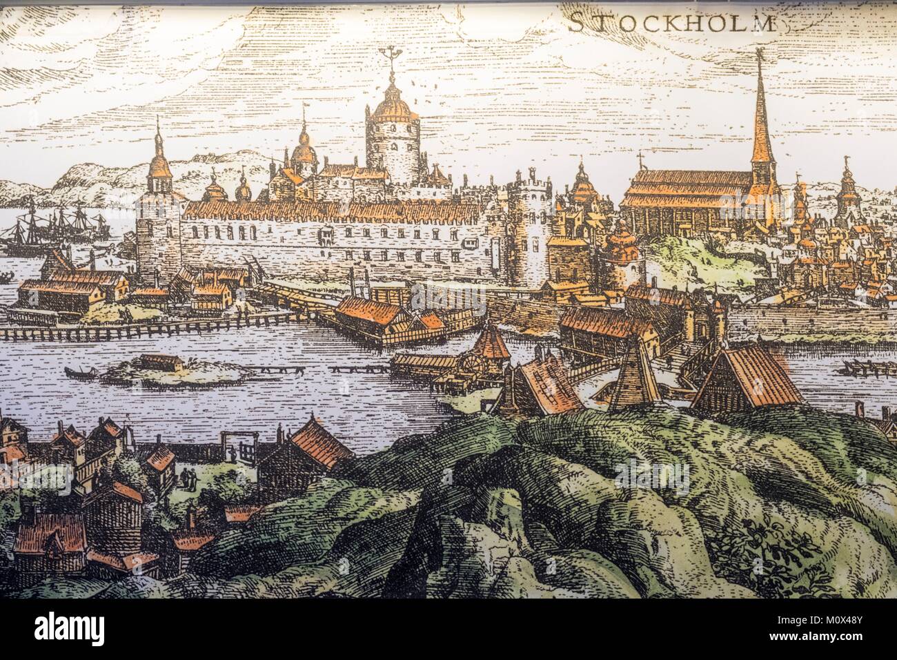 Sweden,Stockholm archipelago,Vaxholm,Fortress Castle,ancient map of ...