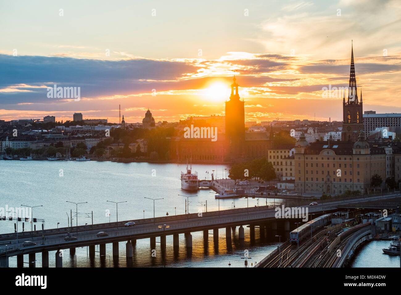 Sweden,Stockholm,sunset view of Gamla Stan (old city) and Stadshuset ...