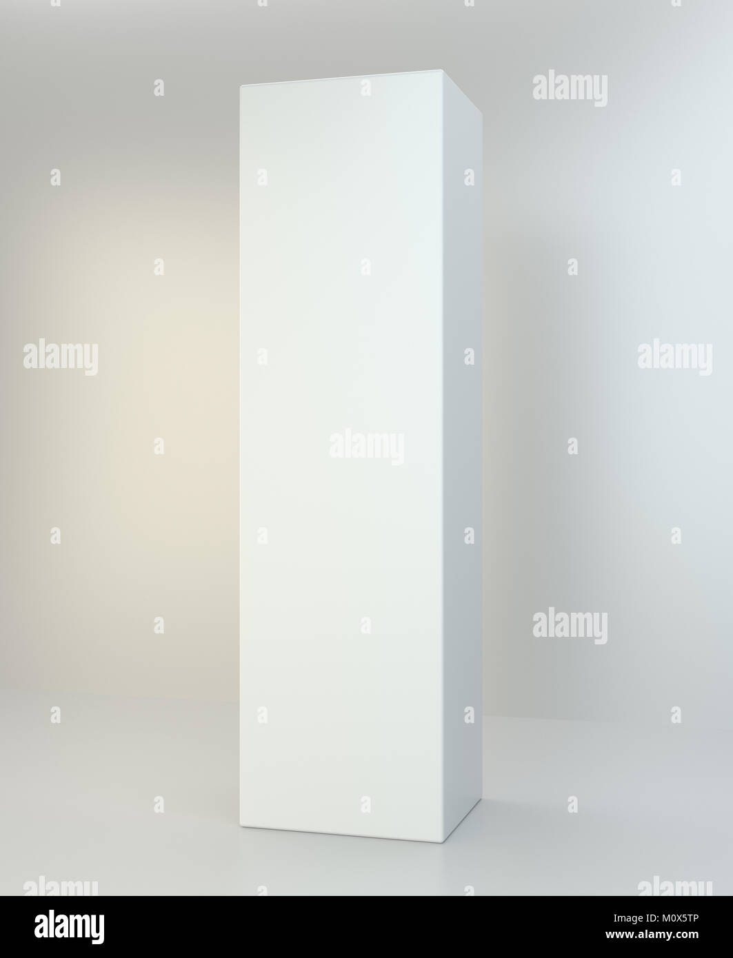 White cube blank box from top front far side angle. 3D illustration on ...