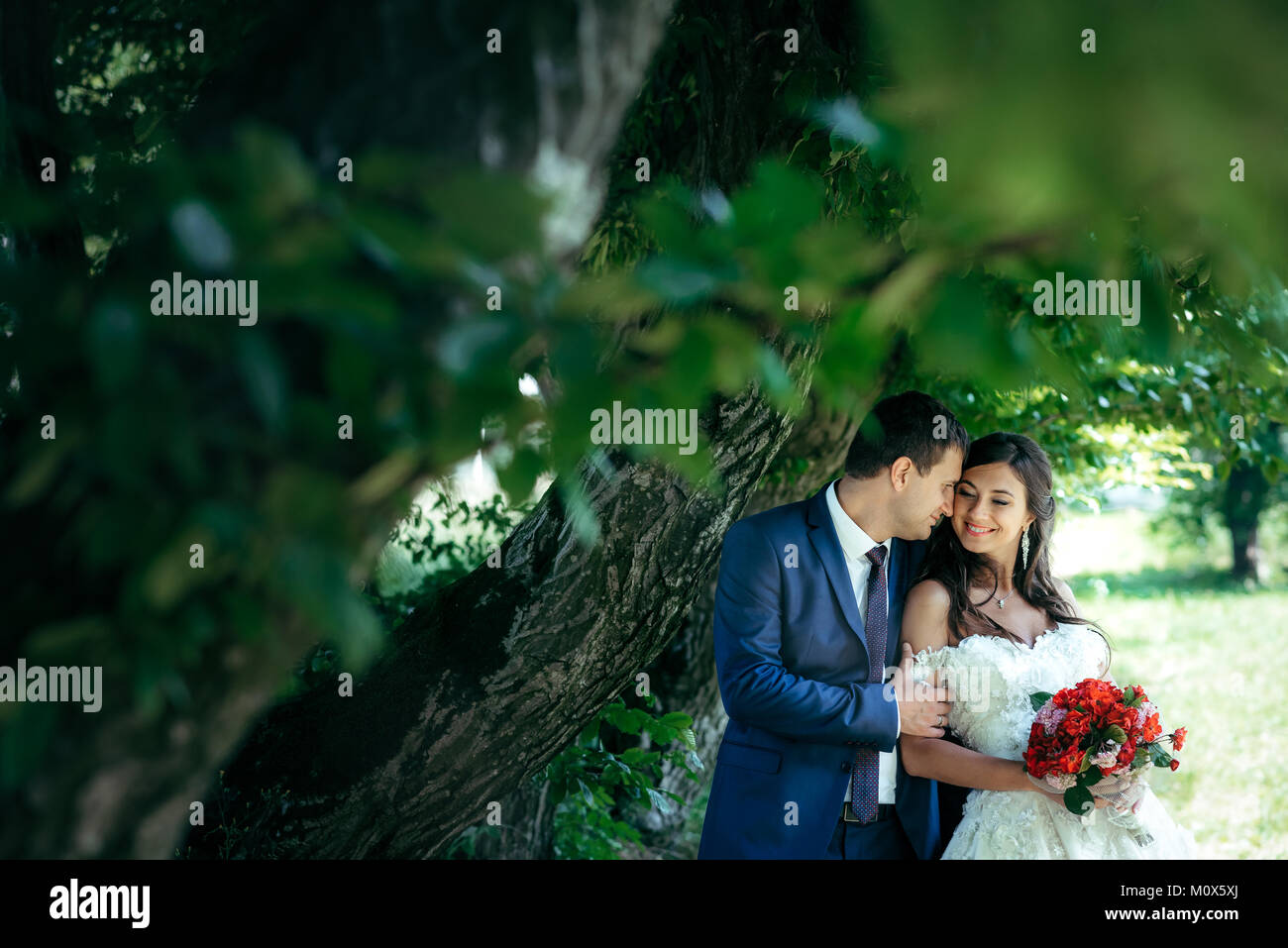 Wedding portrait of the cheerful smiling beautiful newlywed couple ...