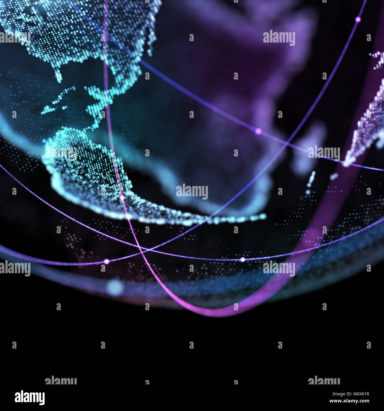 Connections global communication orbits in the world map view on dark ...