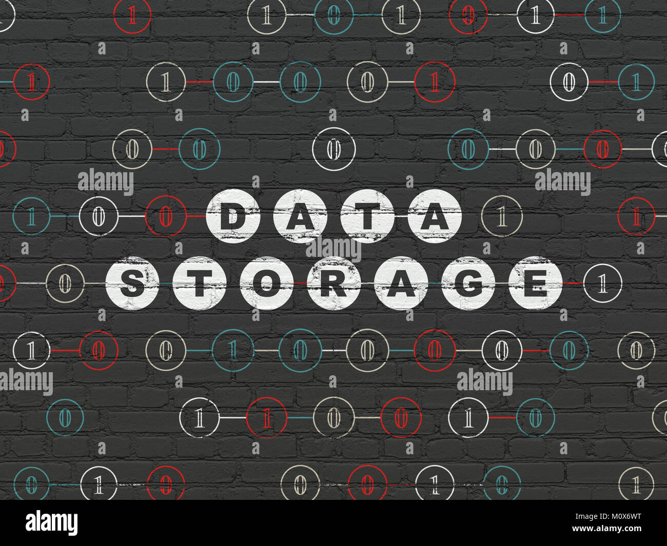 Information concept: Painted white text Data Storage on Black Brick wall background with Binary ...
