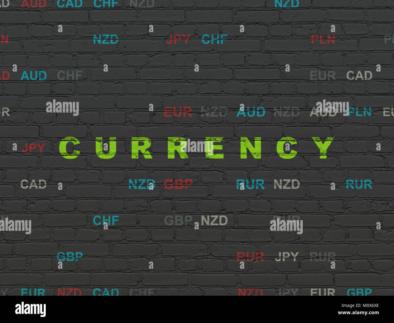 Currency concept: Painted green text Currency on Black Brick wall ...