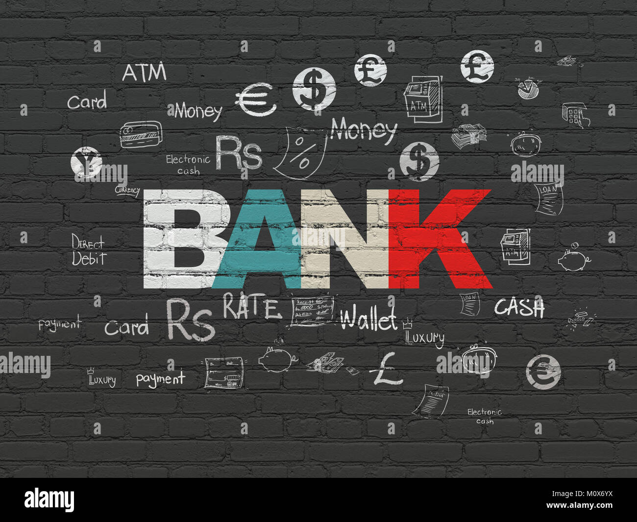 Banking concept: Painted multicolor text Bank on Black Brick wall ...