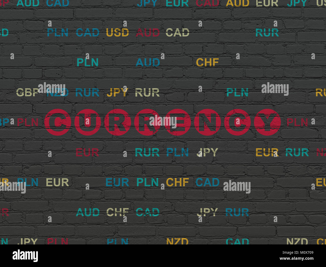 Money concept: Painted red text Currency on Black Brick wall background ...