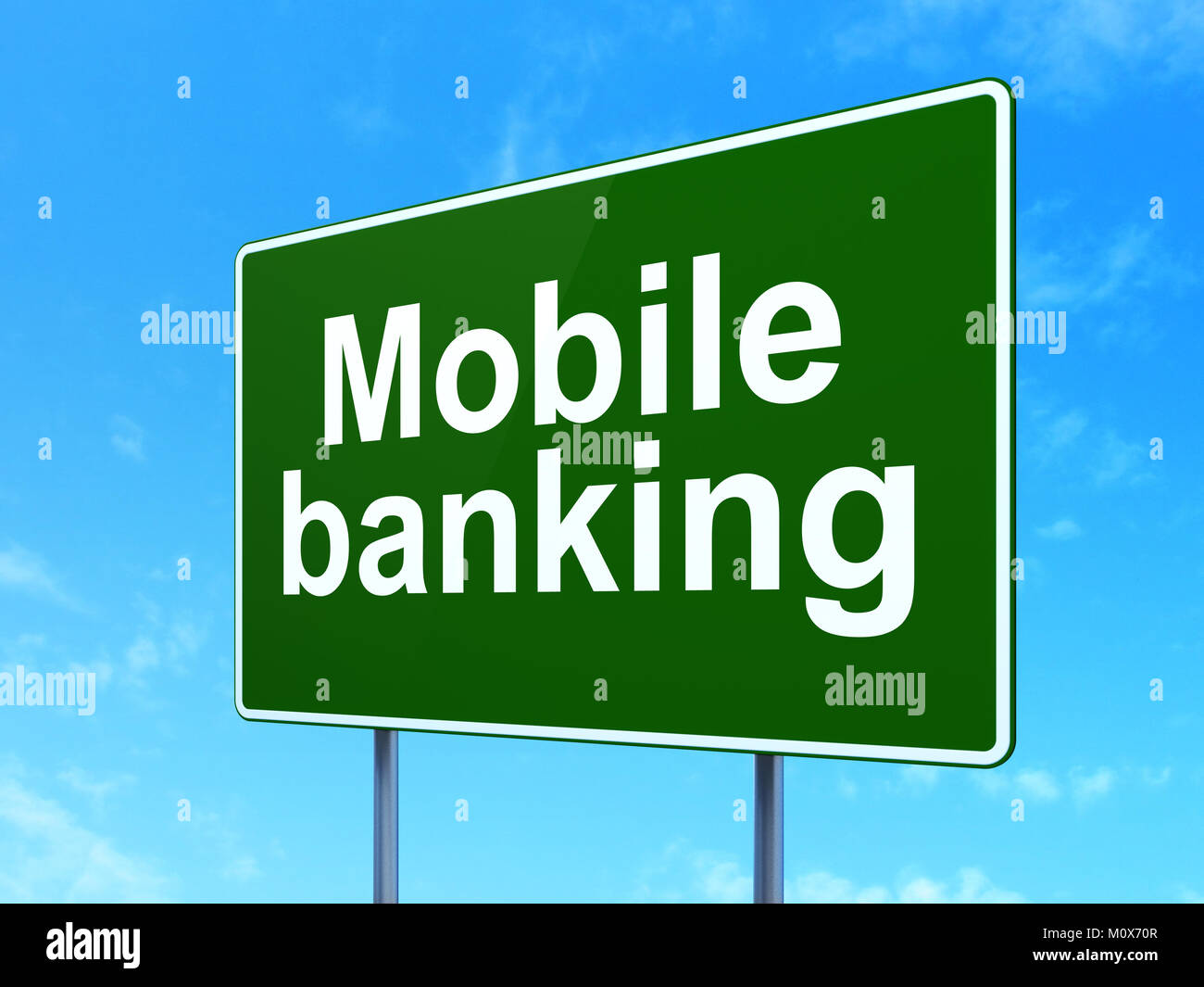 Banking concept: Mobile Banking on green road highway sign, clear blue ...