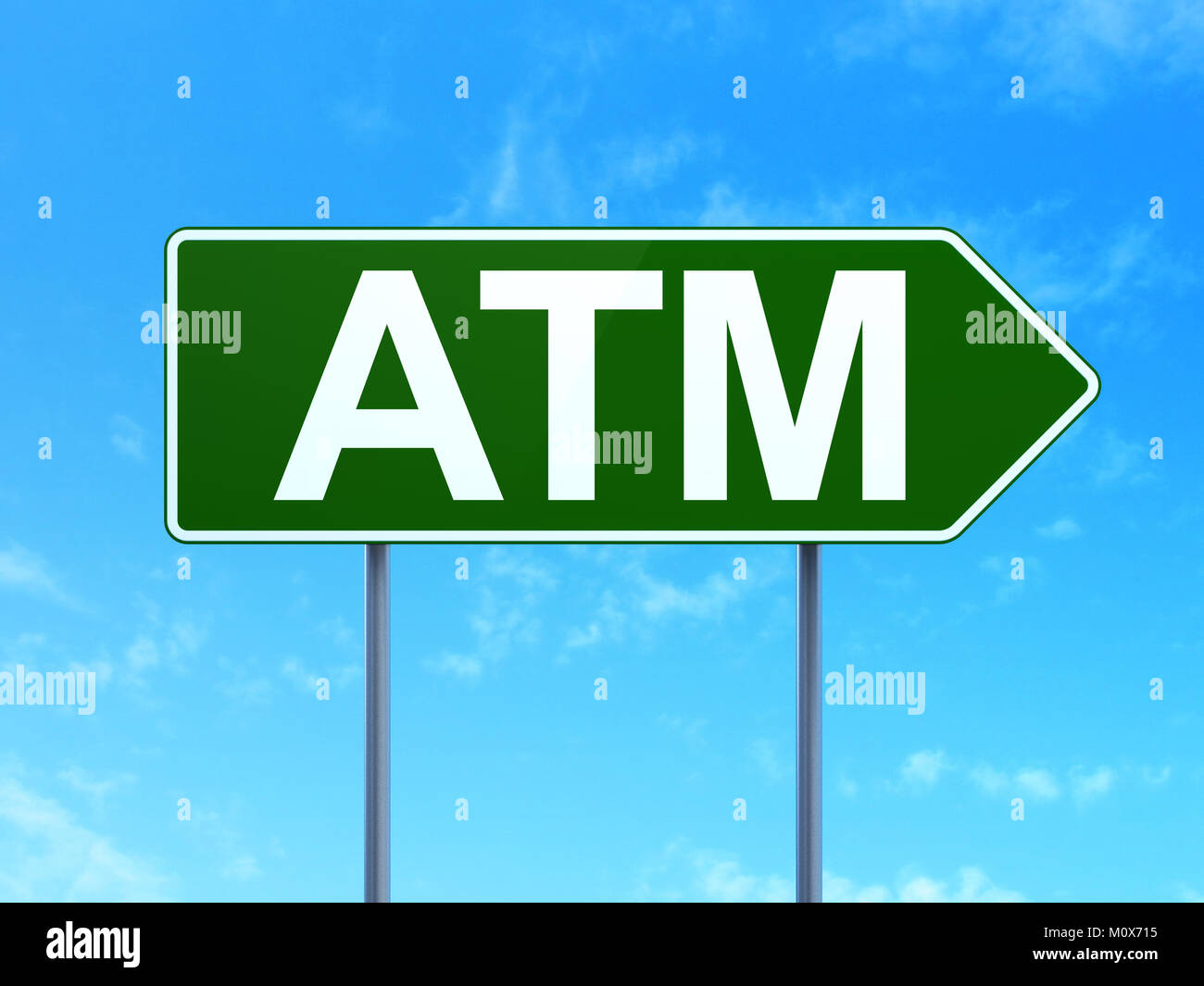 Currency concept: ATM on green road highway sign, clear blue sky ...