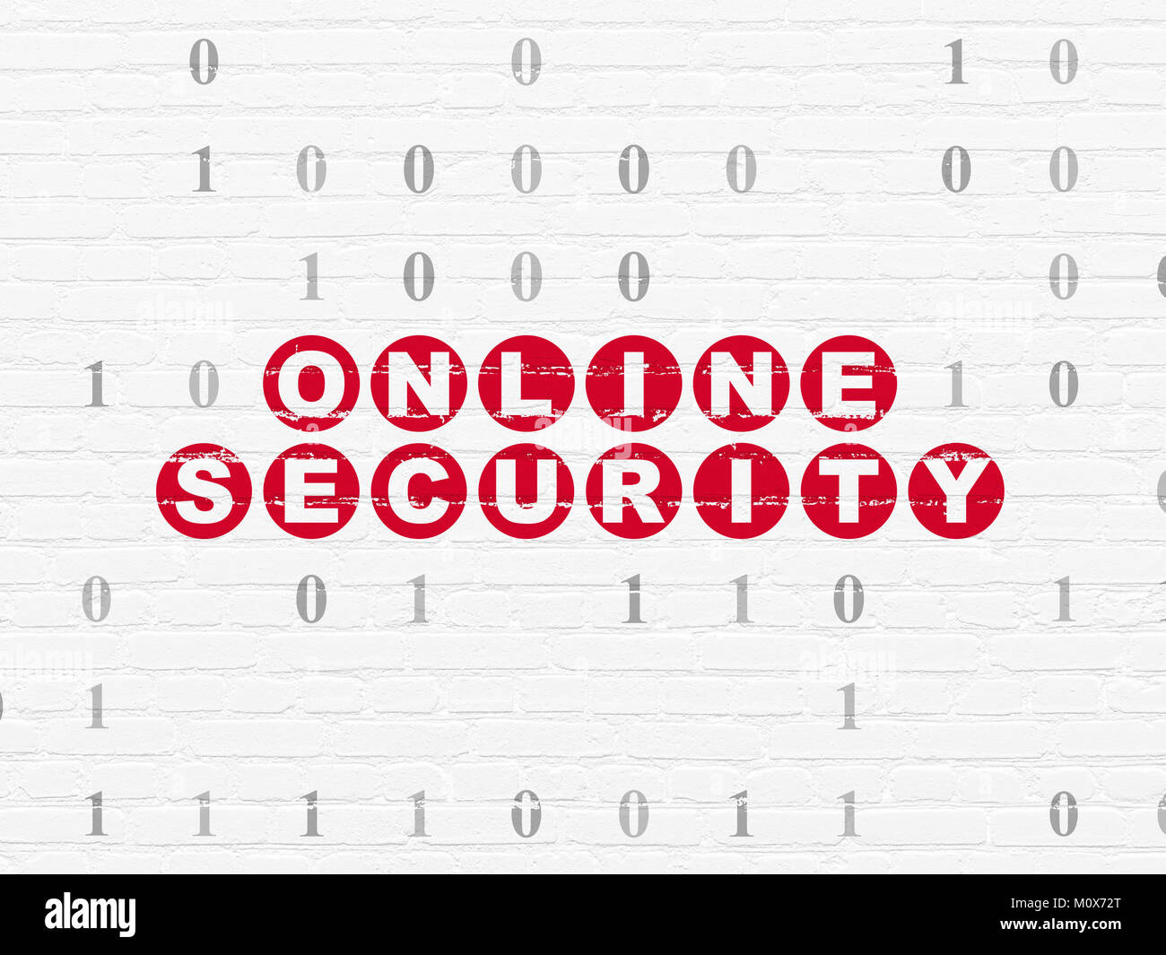 Security concept: Painted red text Online Security on White Brick wall background with Binary ...